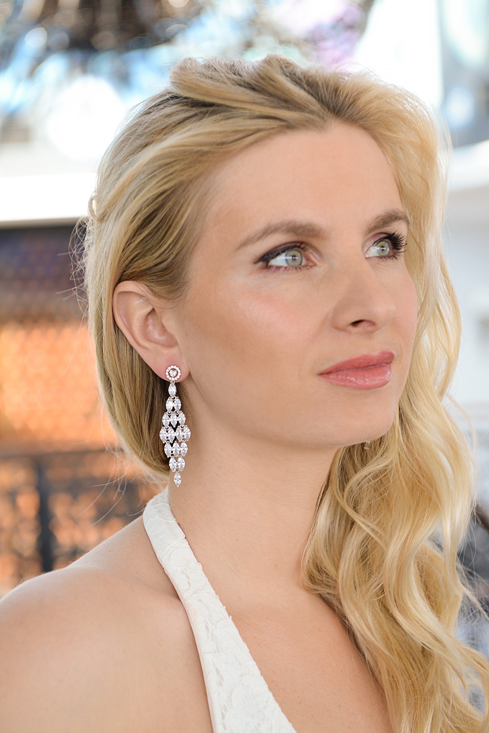 Mariell Spectacular Cubic Zirconia Bridal or Formal Chandelier Earrings with Marquis Cluster Dangles