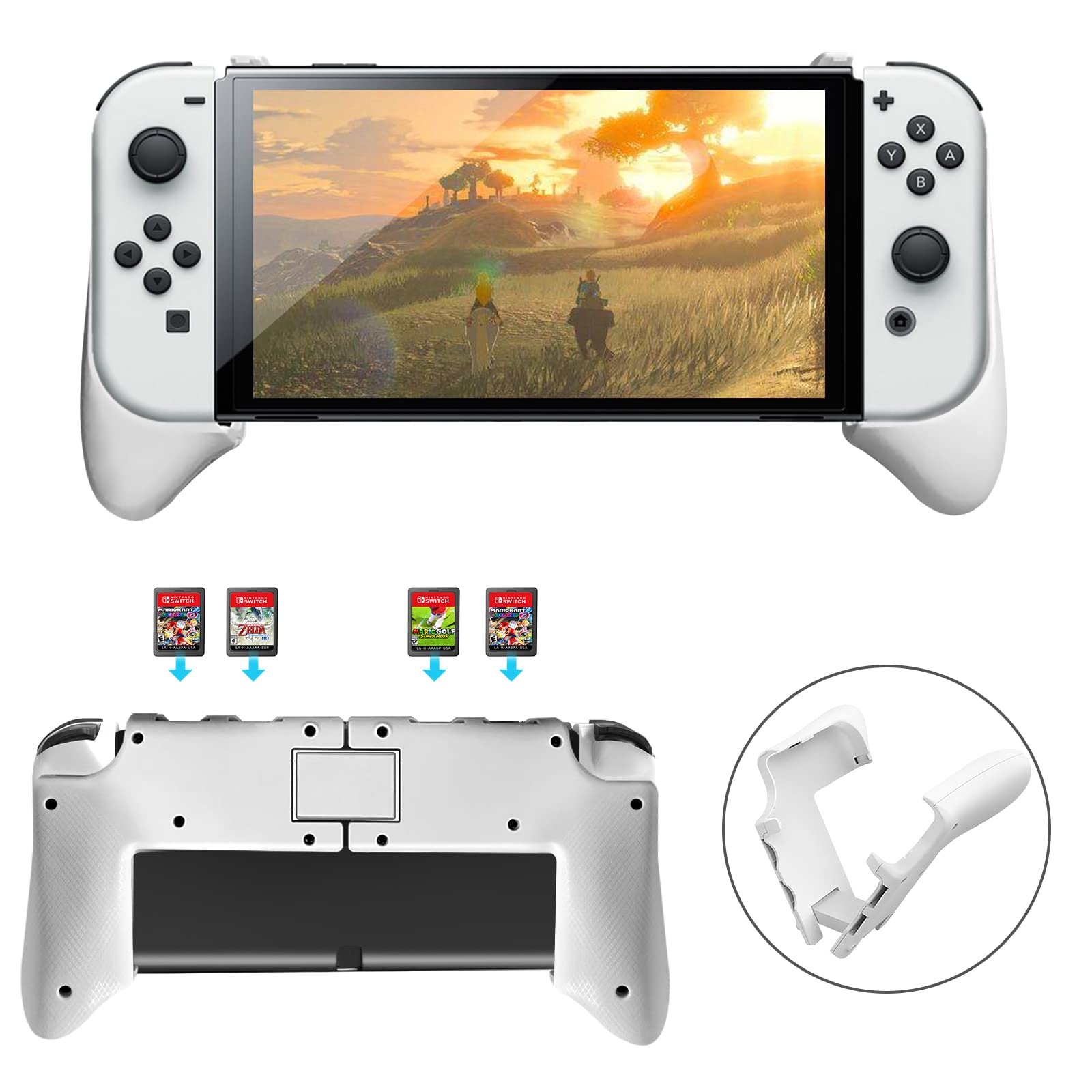 Switch OLED Grip, AKNES Switch OLED Console Folding Handle Grips Case with 4 Game Cards Store Slot, Comfort Ergonomic Handle Case for N-Switch OLED Model(2021) White