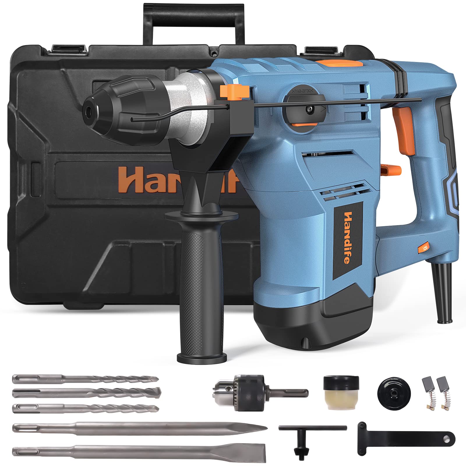 y Duty Rotary Hammer Drill 12.5 Amp, 1-1/4'' SDS-Plus, 3 Functions with Vibration Damping Technology, Safety Clutch, 6-Speed Regulation, Used for Concrete, Metal, and Stone (Blue)