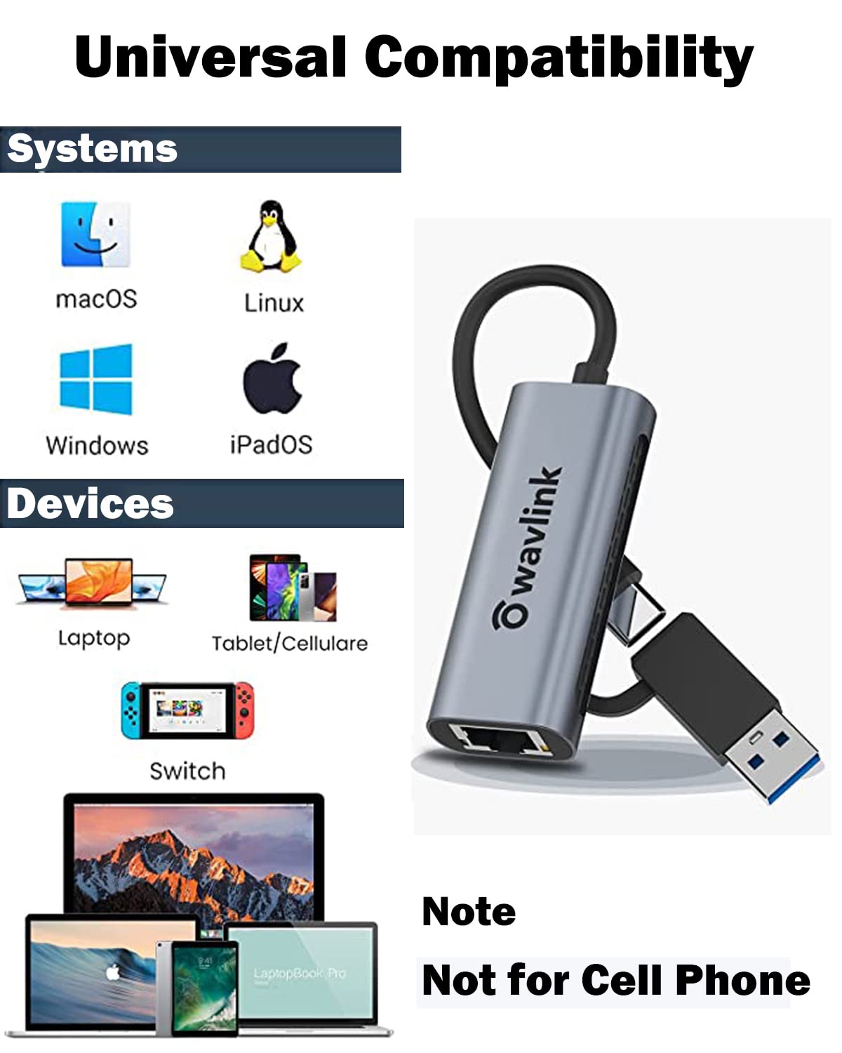 WAVLINK USB C to Ethernet Adapter 2.5 Gigabit, 2-in-1 USB to 2.5G Ethernet Adapter, USB-C to RJ45 Network Converter Aluminum Case for Windows, Mac OS, iPad OS and More.