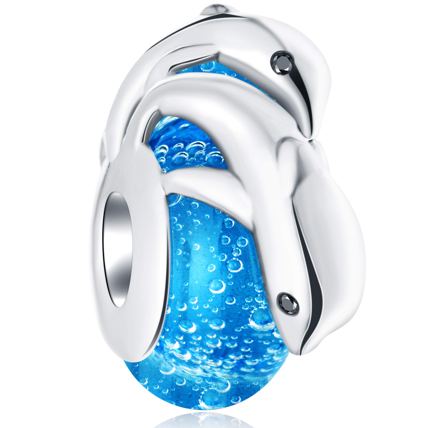Mother/Child Dolphins Charms on Sea Blue Murano Glass Beads fit Pandora Mothers Day Bracelet, 925 Sterling Silver Playful Dolphine Beads Ocean Life Charm, Gift for Travel/Christmas