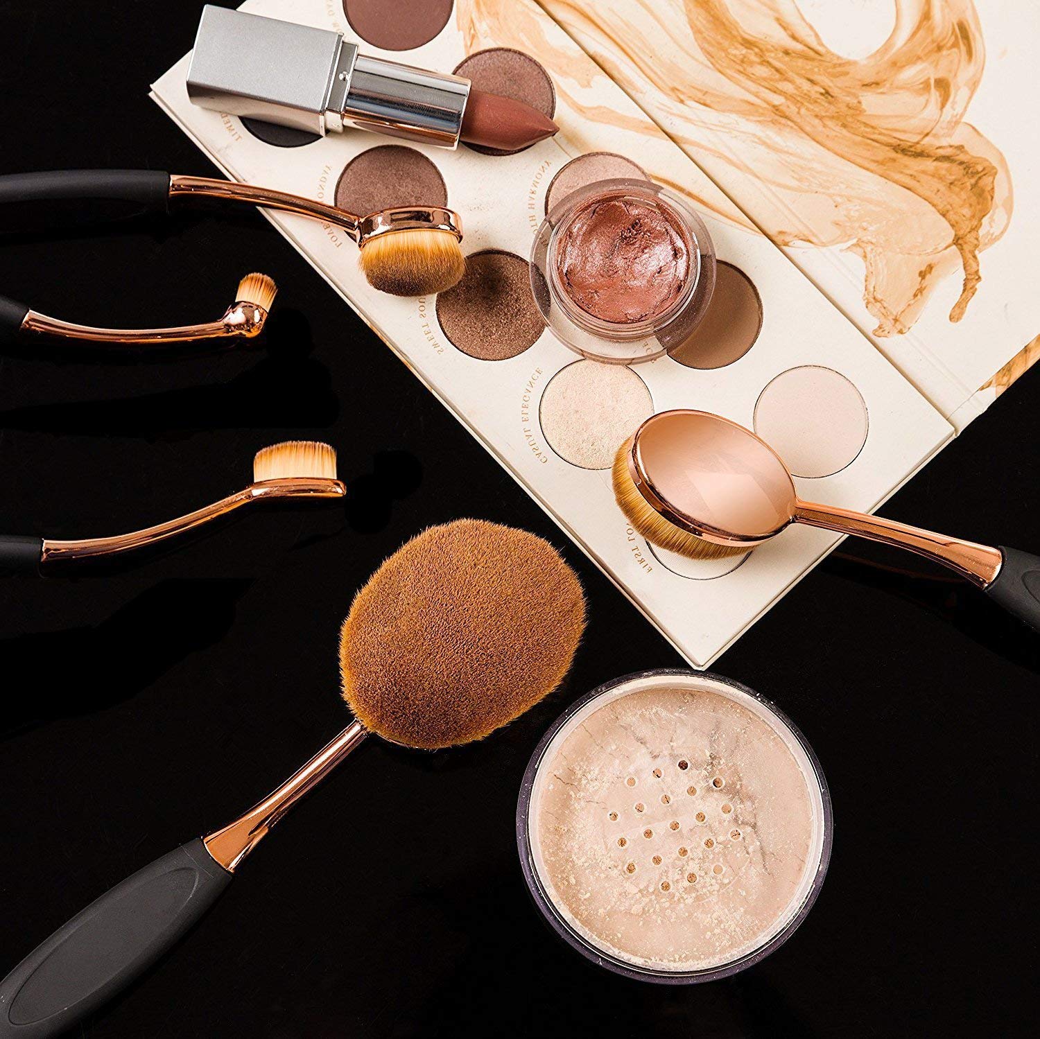 Multi-function Oval Makeup Brushes 7pcs Fashionable Super Soft Toothbrush Makeup Brush Set Face Powder Concealer Foundation Brush (Rose Gold Black)