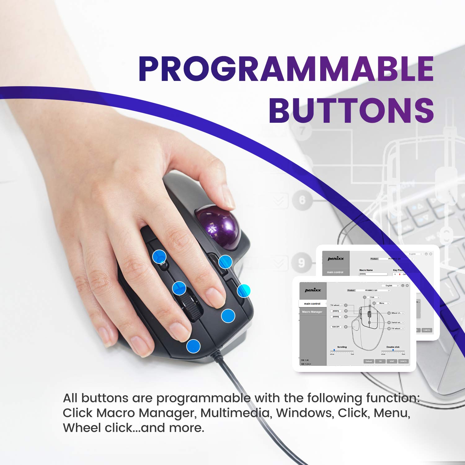 Perixx PERIMICE-520 Wired USB Ergonomic Programmable Trackball Mouse, Adjustable Angle, 8 Button Design, Black (PM-520-11447)