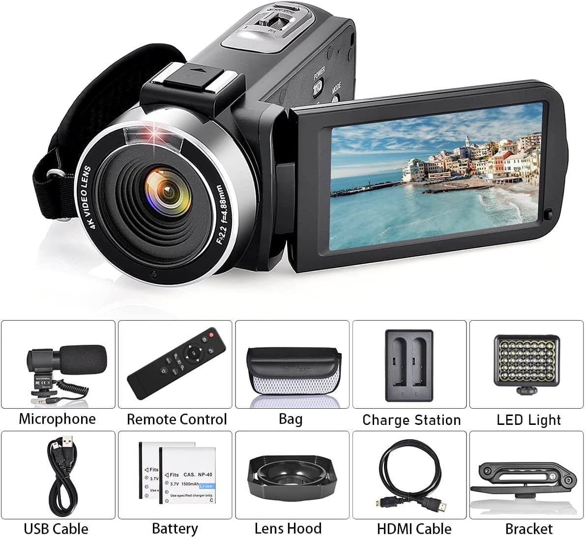 OIEXI 4K Camera for YouTube Videos HD Camcorder with LED Light Digital Vlog Camera with 16X Digital Zoom and Night Vision, Video Recorder with Microphone,(Blue,2 Batteries Included)
