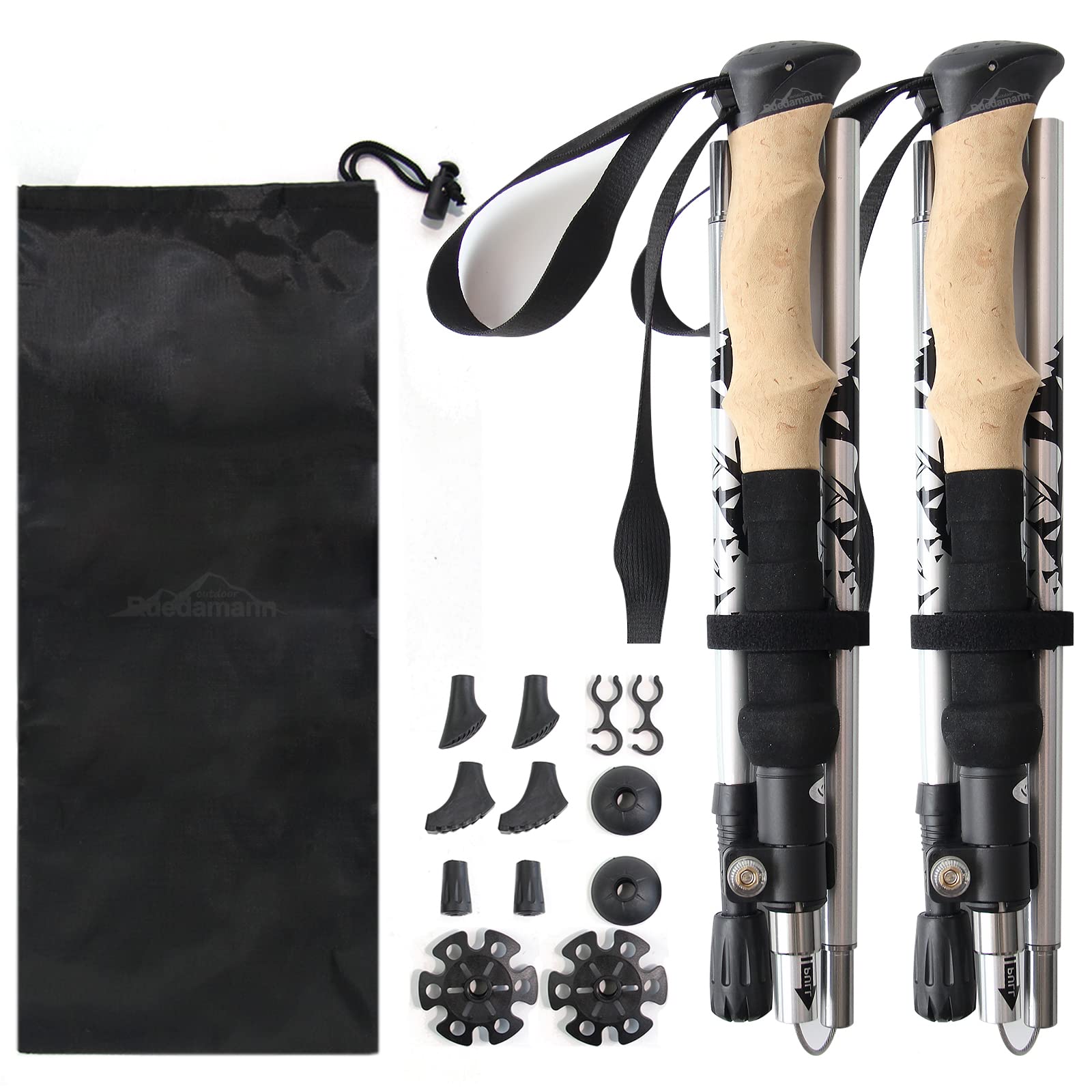 Ruedamann 2 Pack Collapsible Trekking Poles,440 lbs Capacity,Folding Hiking Walking Sticks with Cork Grip for Women Men,Lightweight 7075 Aluminum, Quick Flip-Lock,6 Sets Terrain Accessories,Silver
