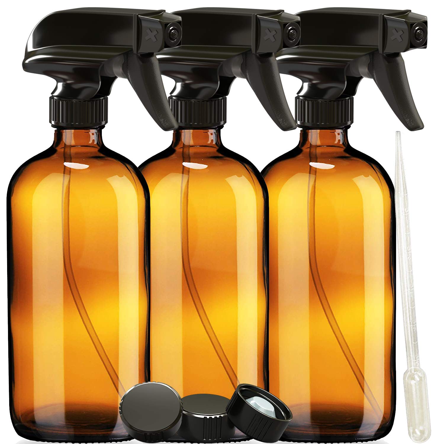 Nylea 3 Pack Glass Spray Bottles (16 OZ) - Durable and Refillable - Amber Spray Bottles for Cleaning Solutions - Essential Oil Spray Bottle with Sturdy Sprayer and Resistant Nozzle