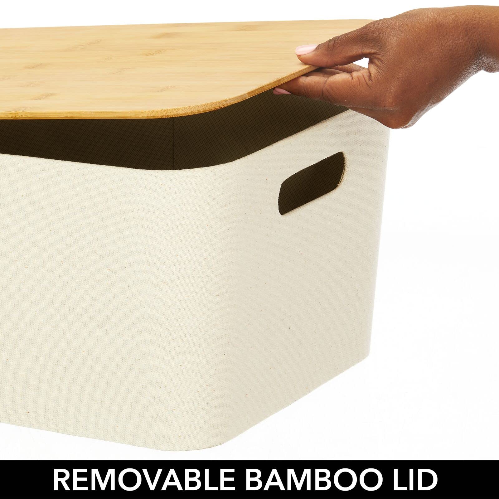 mDesign Modern Fabric Covered Basket with Lid - Stacking Decorative Storage Bin Box with Bamboo Cover for Closet, Living Room, Kitchen, Office Shelf - Holders for Clothing/Accessories, 4 Pack, Cream