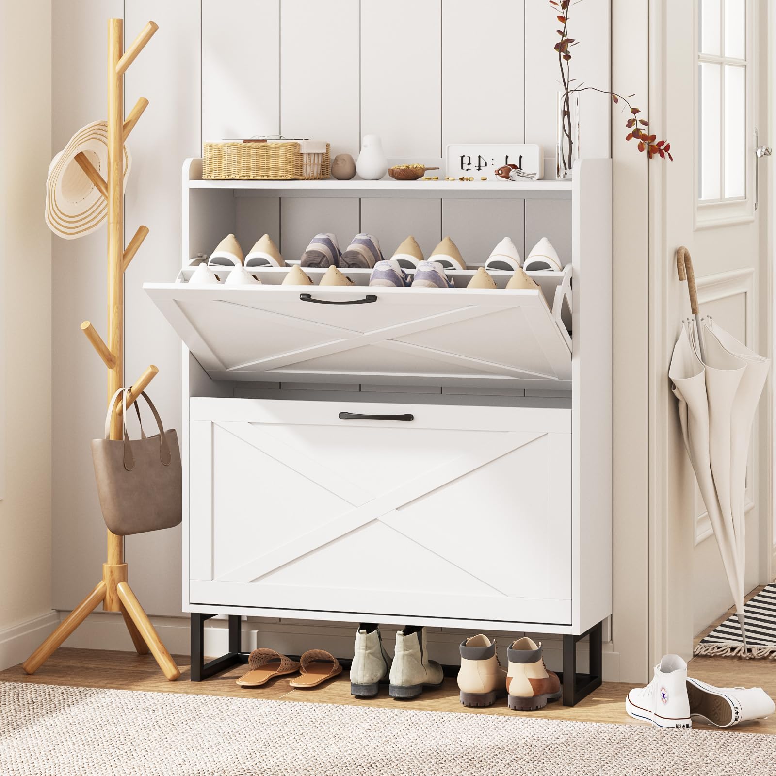 Maupvit Shoe Cabinet with 2 Flip Drawers, Freestanding Shoe Cabinet Organizer with Metal Legs, Shoes Storage Cabinet for Entryway, Narrow Shoe Rack Cabinet, White