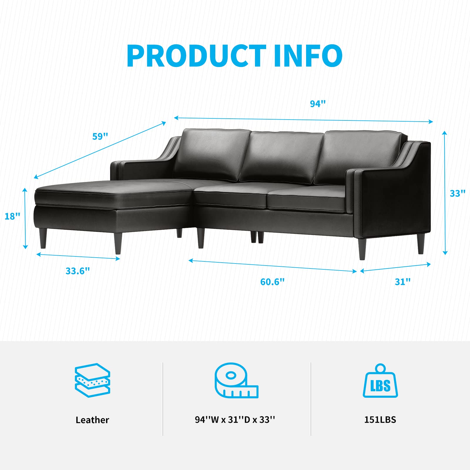 Mjkone Top Grain Leather Sectional Sofa couch, Luxurious Upholstered Couches with Left Facing Chaise, Modular Lounge & 2-Seater Couch Set for Living Room Apartment Office (Truffle)