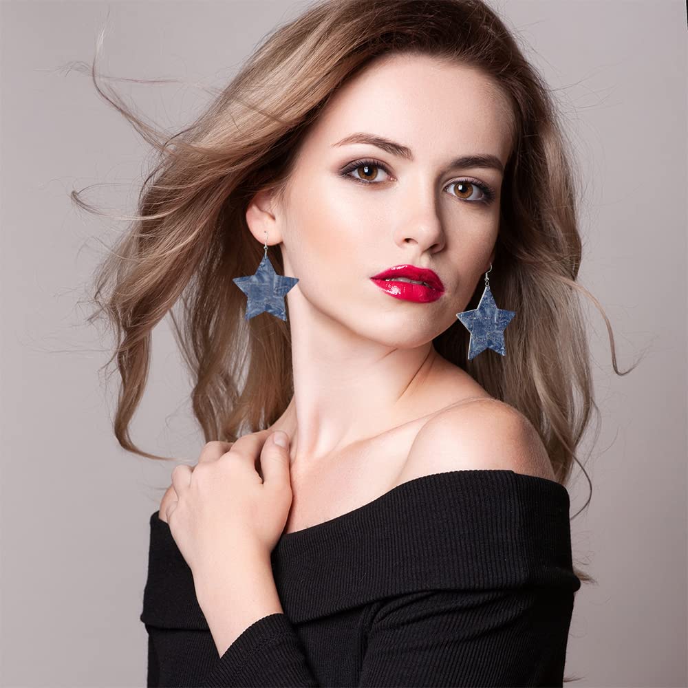 Swono Denim Patchwork Pattern Leather Earrings Indigo Irregular Patchy Wrinkle Jeans Star Faux Leather Earring Lightweight Dangle Drop Earrings for Women Girls