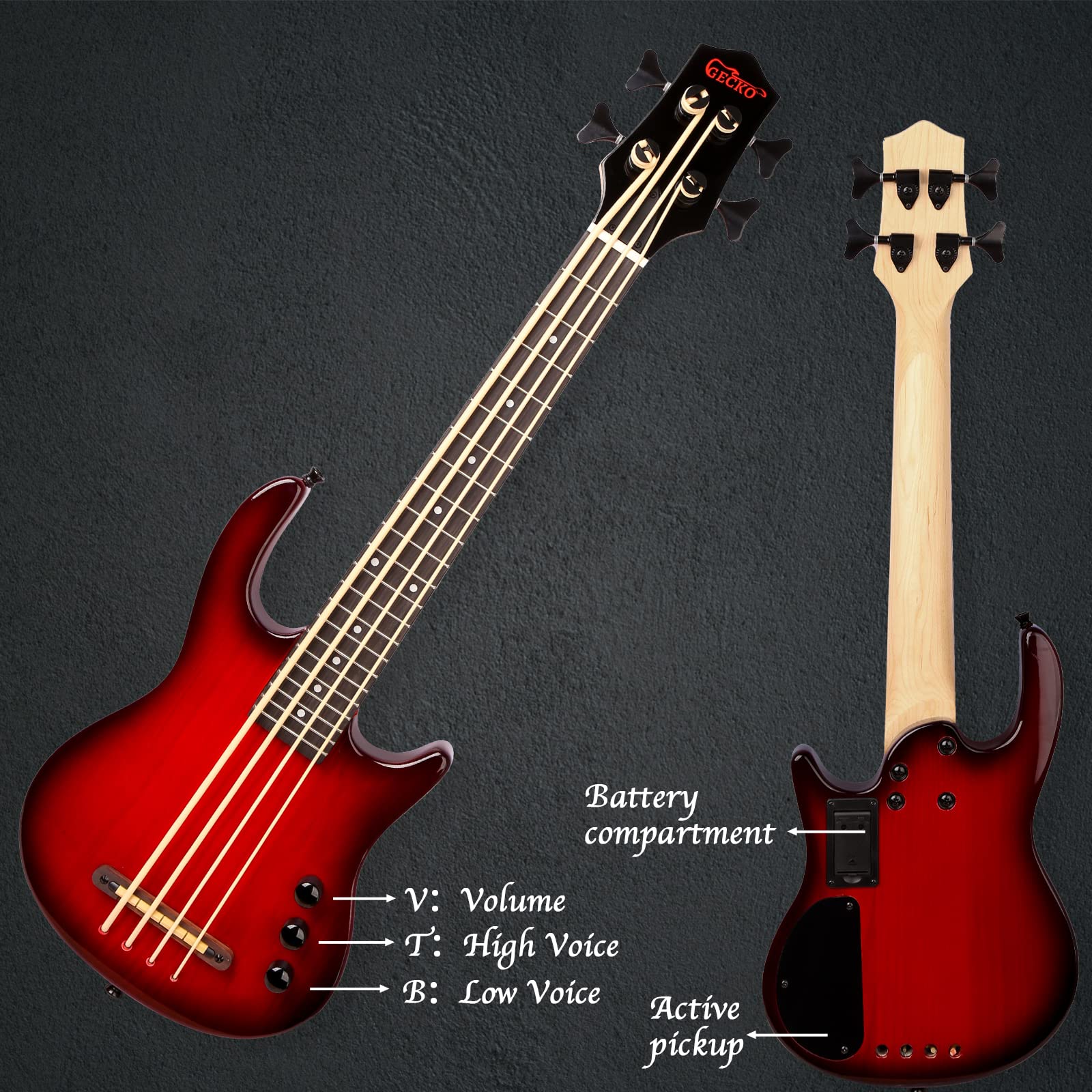 Ukulele Bass, GECKO U BASS, 34 inch Electric Bass 4 String with Strap and Guitar Bag 34 inch (Red)