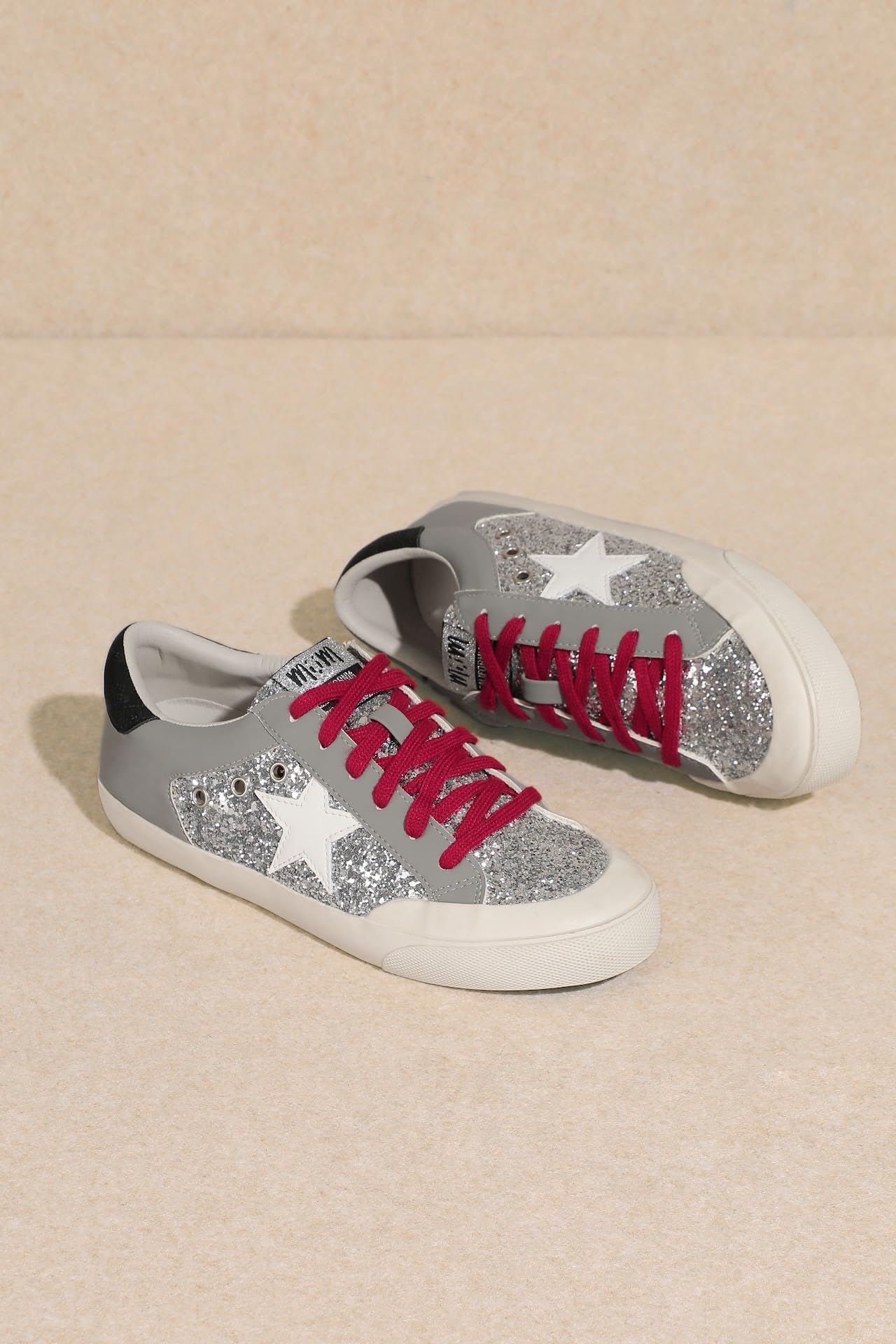 Mi.iM Harbor Rubber Sole Lace-up Glitter Leather Star Sneakers (6, Silver White)