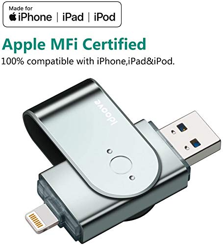 MFi Certified 128GB USB Flash Drive for iPhone Photo Stick for iPhone iPad USB Memory Stick – USB 3.0 – Thumb Drives High Speed External Storage Adapter Expansion for iOS PC Mac (Grey 128G)