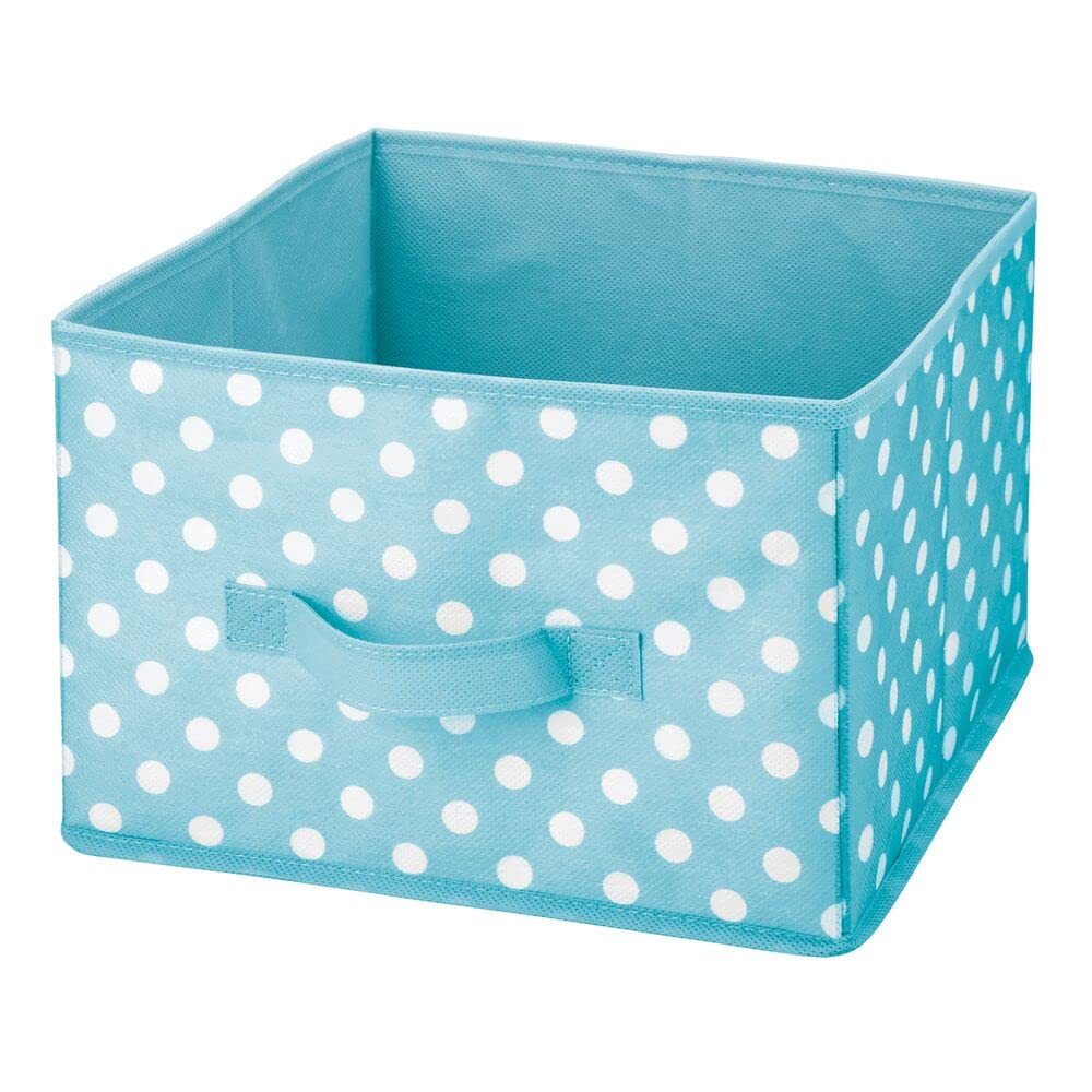 mDesign Soft Fabric Closet Storage Organizer Holder Box Bin - Attached Handle, Open Top, for Child/Kids Bedroom, Nursery, Toy Room - Fun Polka Dot Print - Medium, 2 Pack - Turquoise Blue/White Dots