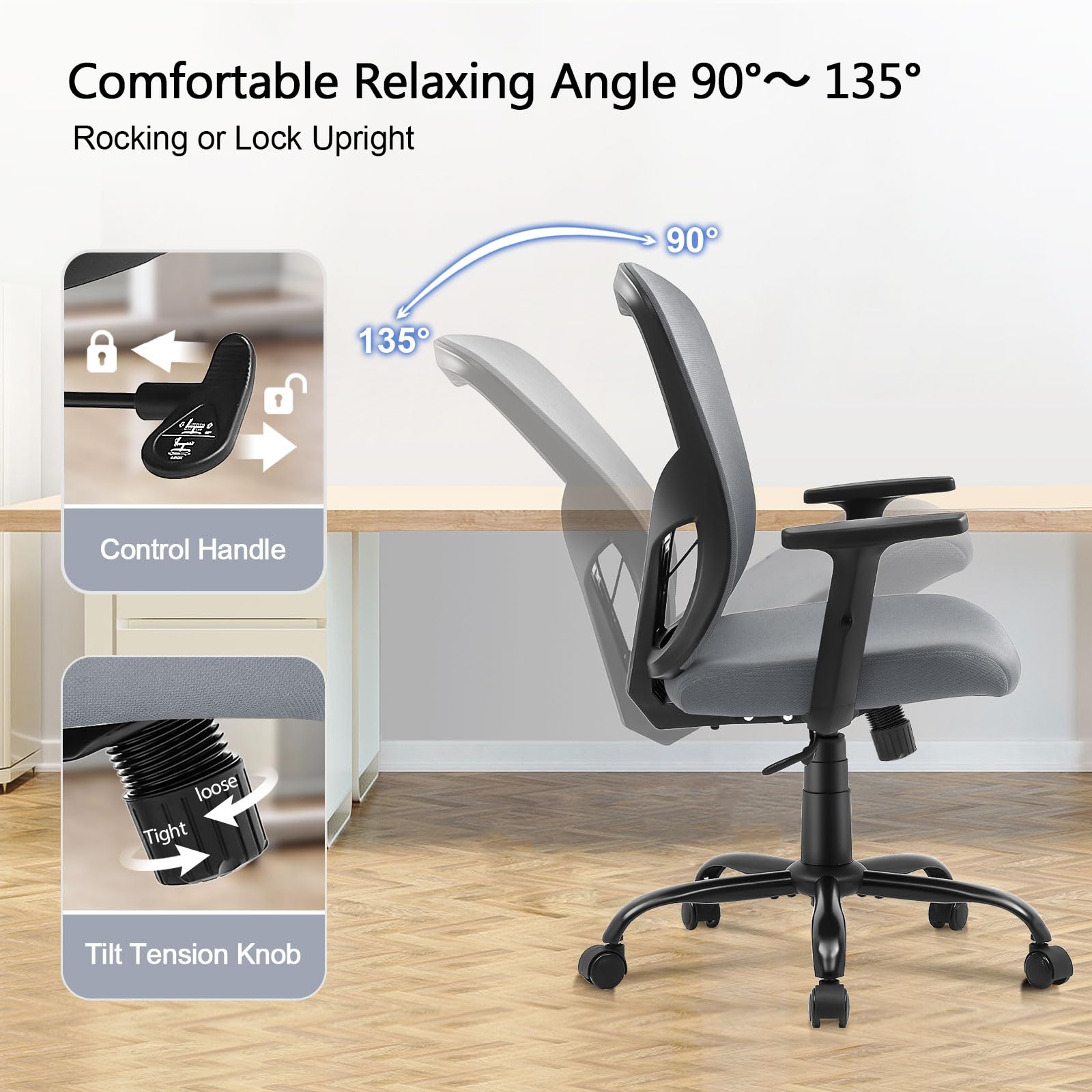 Office Chair Ergonomic Desk Chair with Adjustable Lumabr Support & 2D Armrest, Home Office Desk Chairs Breathable Rocking Computer Executive Chair Adjustable Height Task Chair350lbs (Grey)