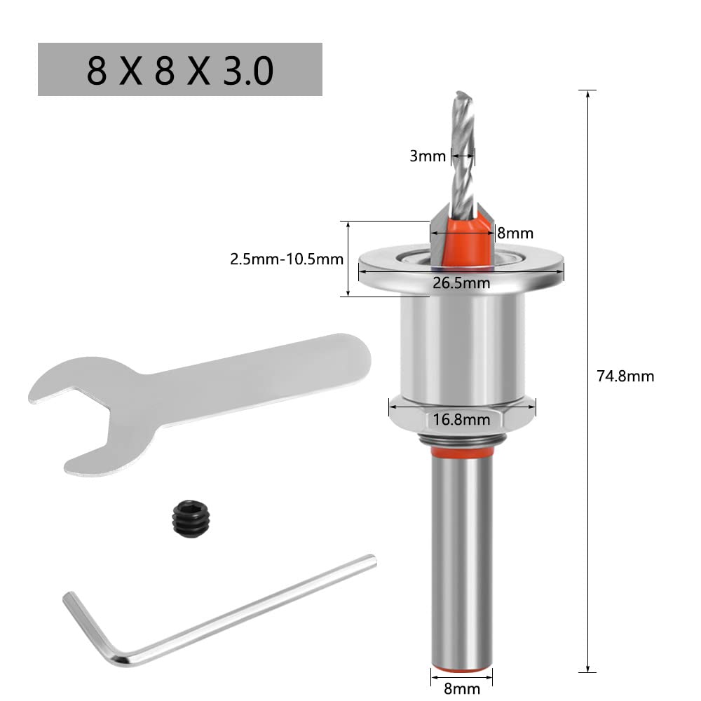 Wilsnsun Carbide Tipped 90° Countersink with Adjustable Low Friction Depth Stop,Multifunctional Round Shank Bore Woodworking Drill Bit,Taper Drill Bit,Counterbore Drill Bit (Dia3.0mm Drill )