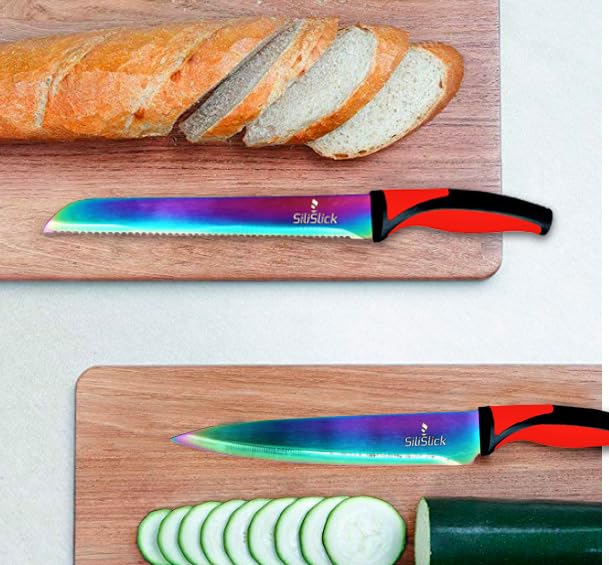 SiliSlick Kitchen Knife Set Professional, Titanium Coated Stainless Steel Blades, Dishwasher Safe, Safety Sheaths, 5 Knives
