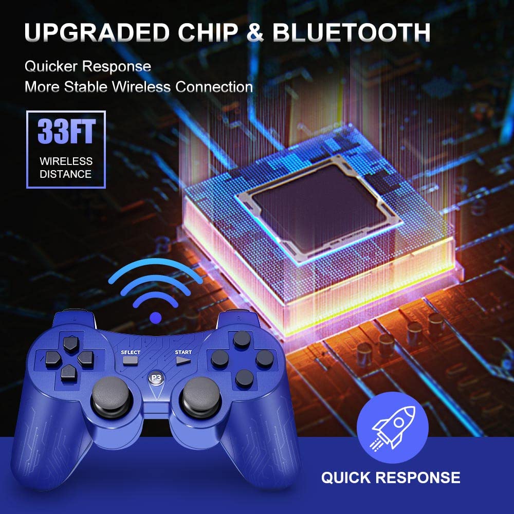 OKHAHA Wireless Controller for PS3 Controller, Remote Controller Wireless for Playstation 3 Controller, Double Shock, New Edition, Blue + Red, 2 Pack