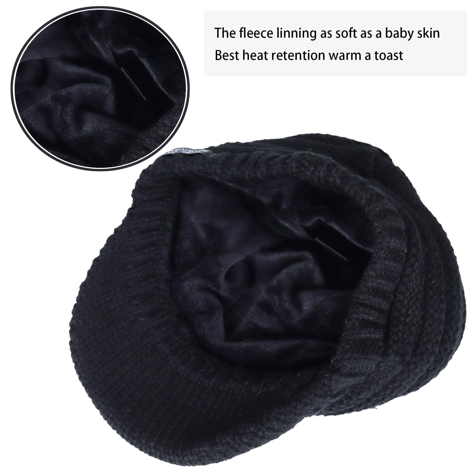 PGTEN Women Knit Messy Bun Ponytail Visor Beanie Hat β Fleece Linning (Black)