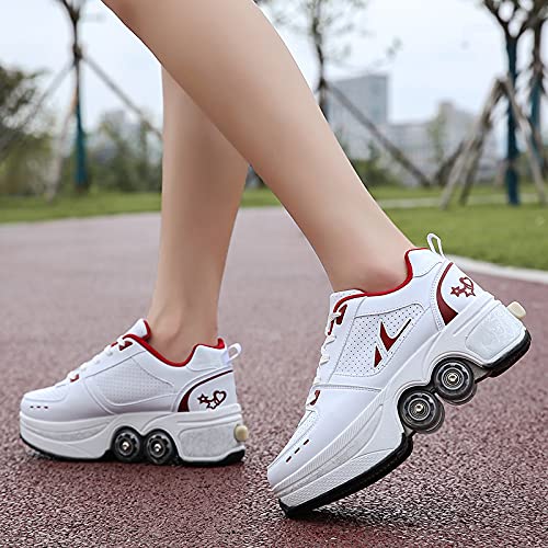 PLMOKN Women's Retractable Roller Skates Outdoor Girls Kick Roller Shoes Men Deformation Sneakers,(???) EU 36/US 5.5,White