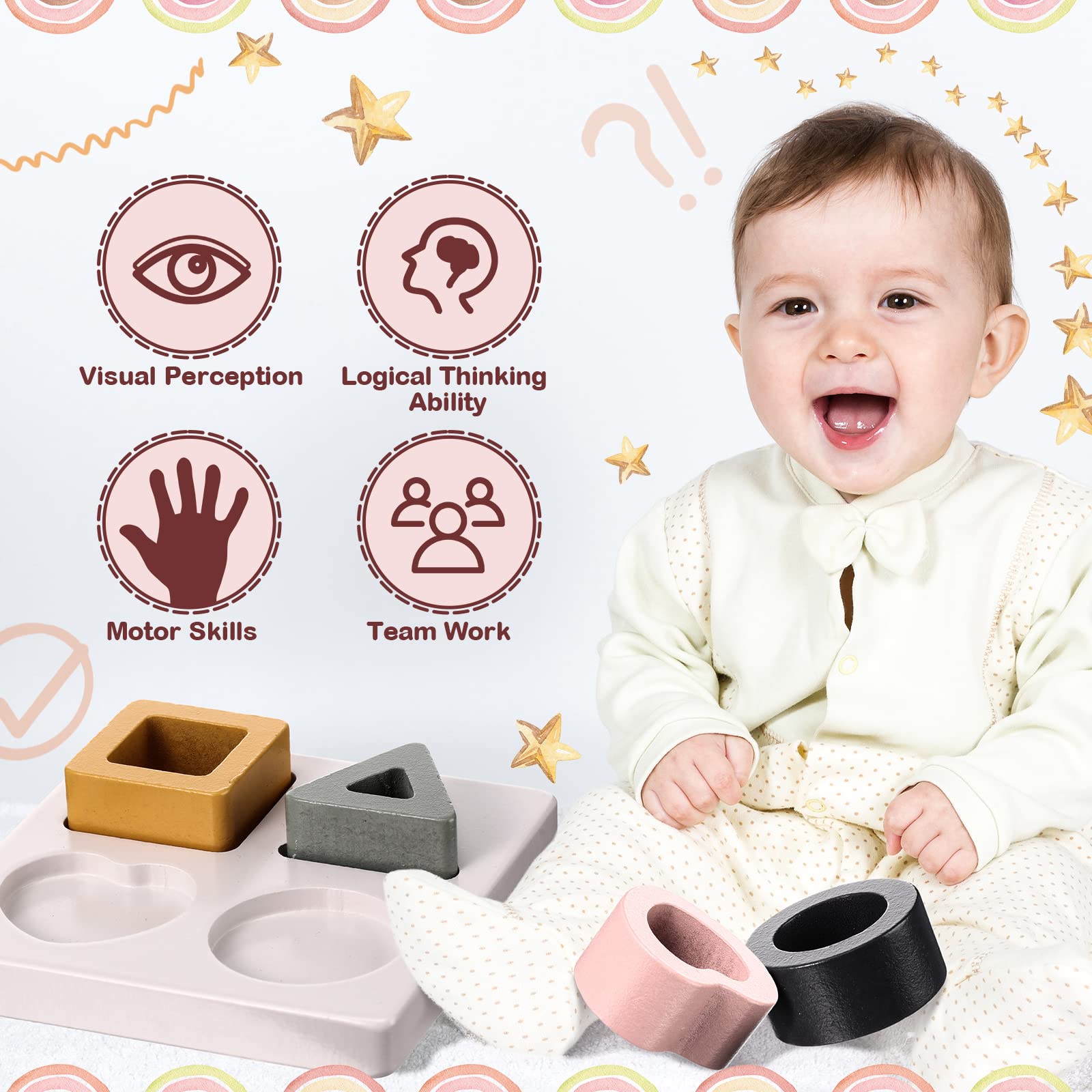 Zomiboo 2 Pack Wooden Stacking Building Blocks Shape Sorter Puzzle Sensory Cognitive Development Toys Sorting and Stacking Toys for Early Education Learning