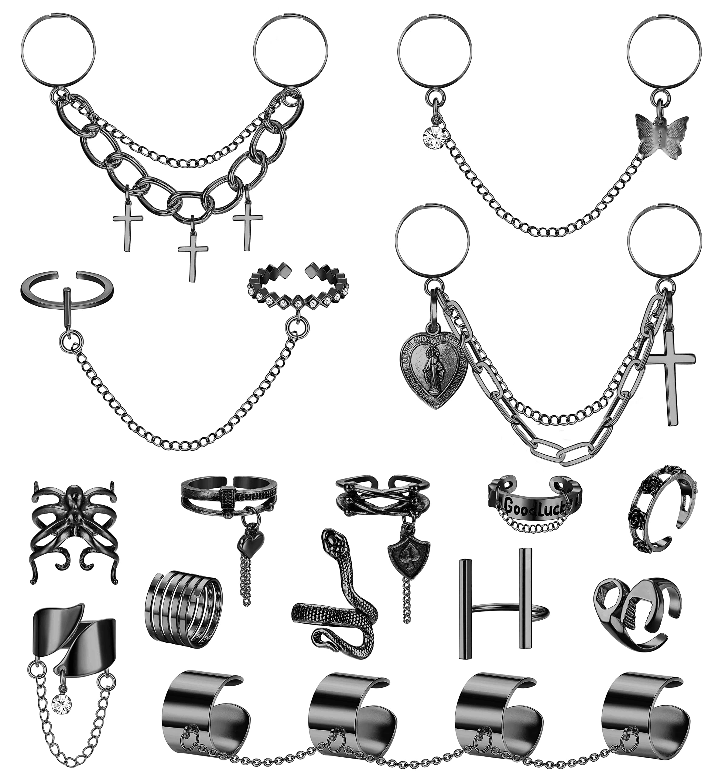 ORAZIO 15Pcs Chain Rings Aesthetic Goth Rings for Women Men Adjustable Gothic Punk Rings Chain Finger Rings Grunge Emo Y2k Rings Cool Statement Stackable Rings Set Vintage Gothic Jewelry Black Tone
