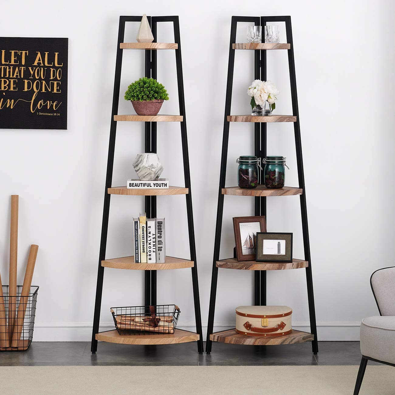 O&K FURNITURE 5 Shelf Industrial Corner Bookcase and Shelf, A-Shaped Display Corner Storage Rack Bookshelf-70-Inch, Oak Finish