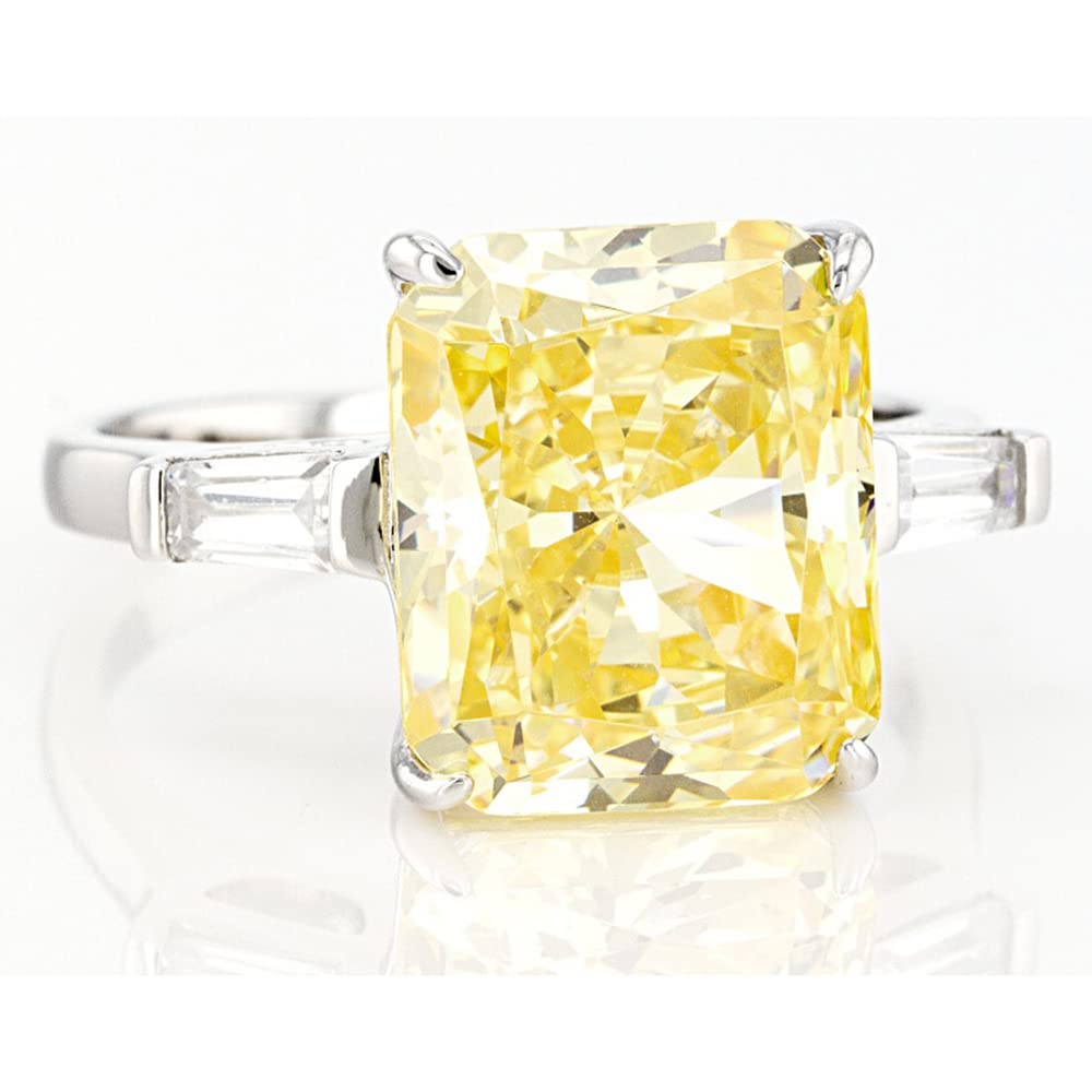 tusakha 12.02 Ctw Emerald Cut Yellow Sapphire & Cubic Zirconia 14K White Gold Over Statement Wedding Ring Size 9 For Women's