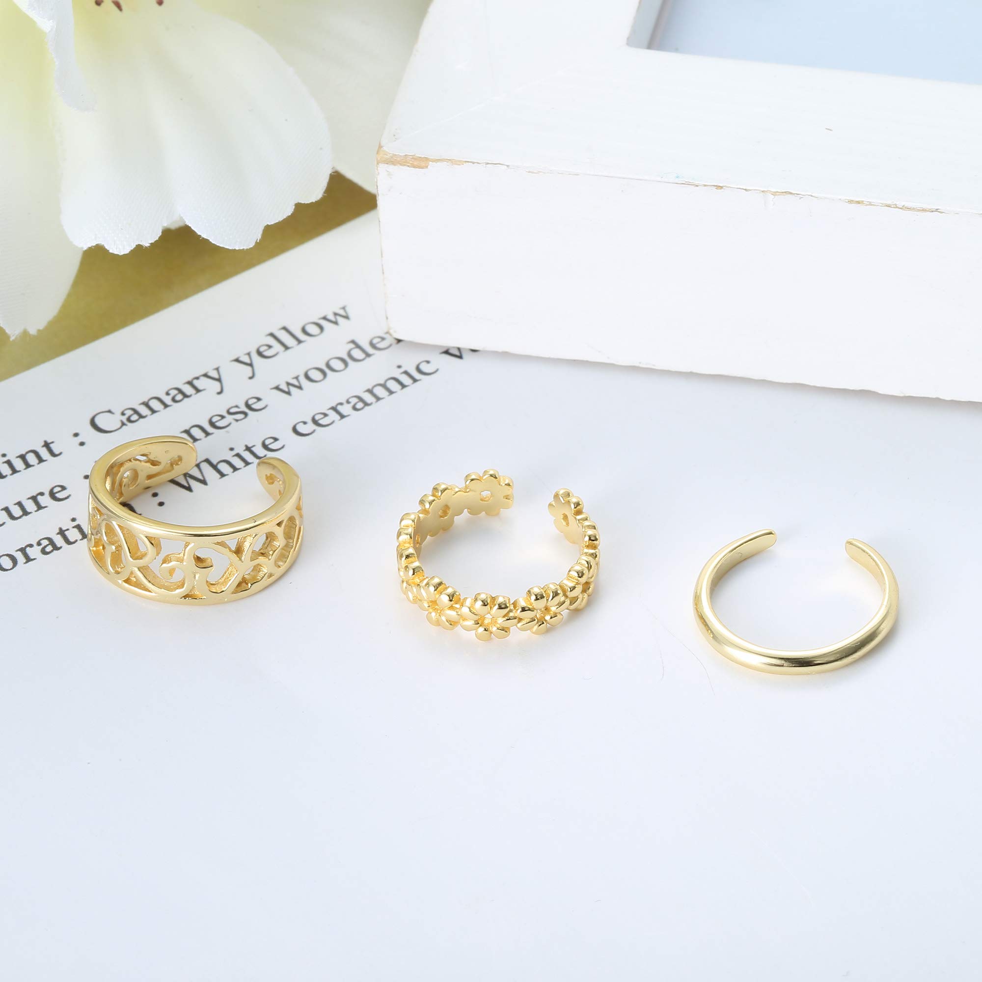 ORAZIO 3 Pcs Sterling Silver Toe Rings for Women Men Open Flower Simple Toe Ring Tail Band Ring Set Foot Jewelry Adjustable