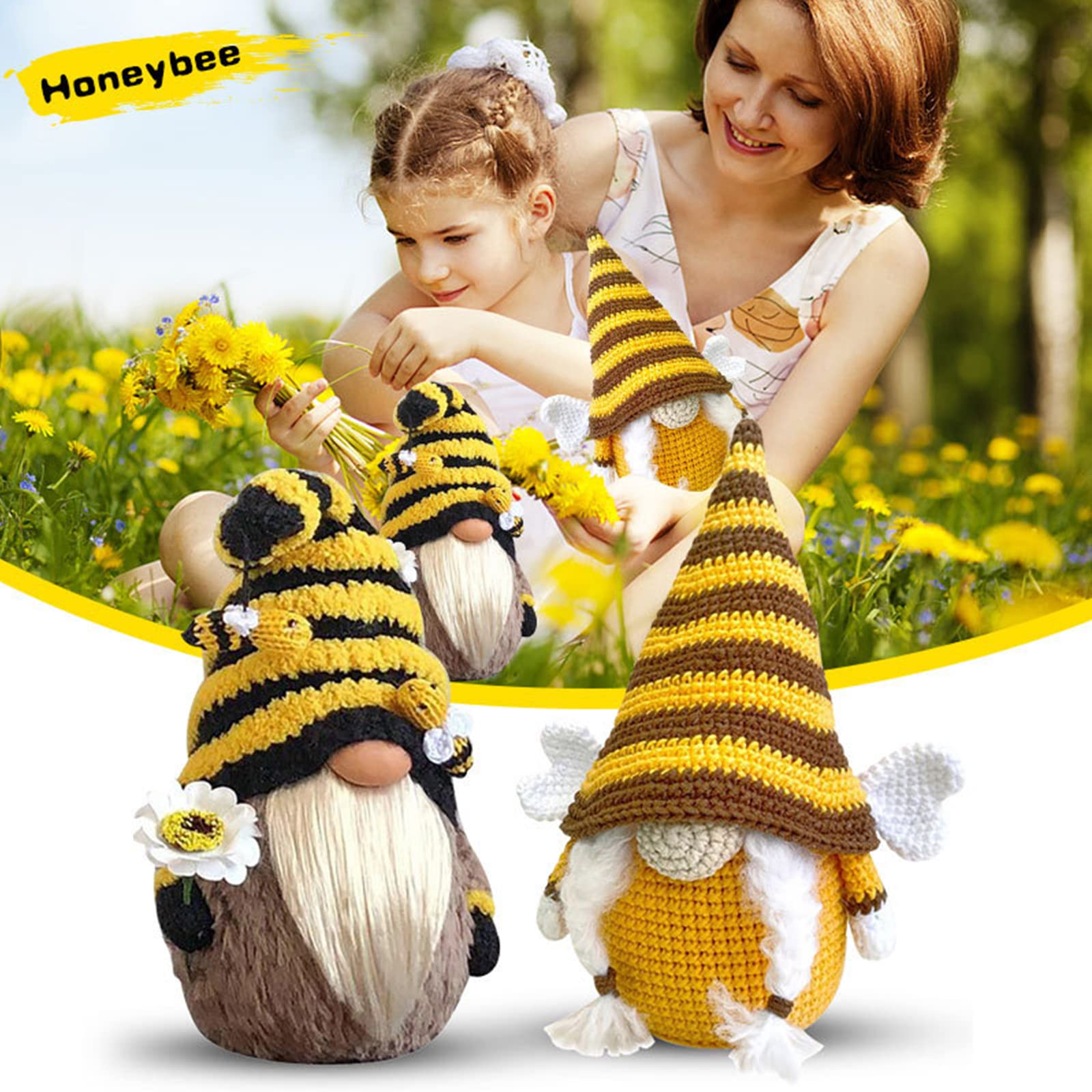 Sadaunbe 2 Pack Spring Summer Gnomes Plush Handmade Swedish Tomte Decorations Honey Bumble Bee Dwarf Figurine Elf Stuffed Doll Gift for Home Office Farmhouse Decor
