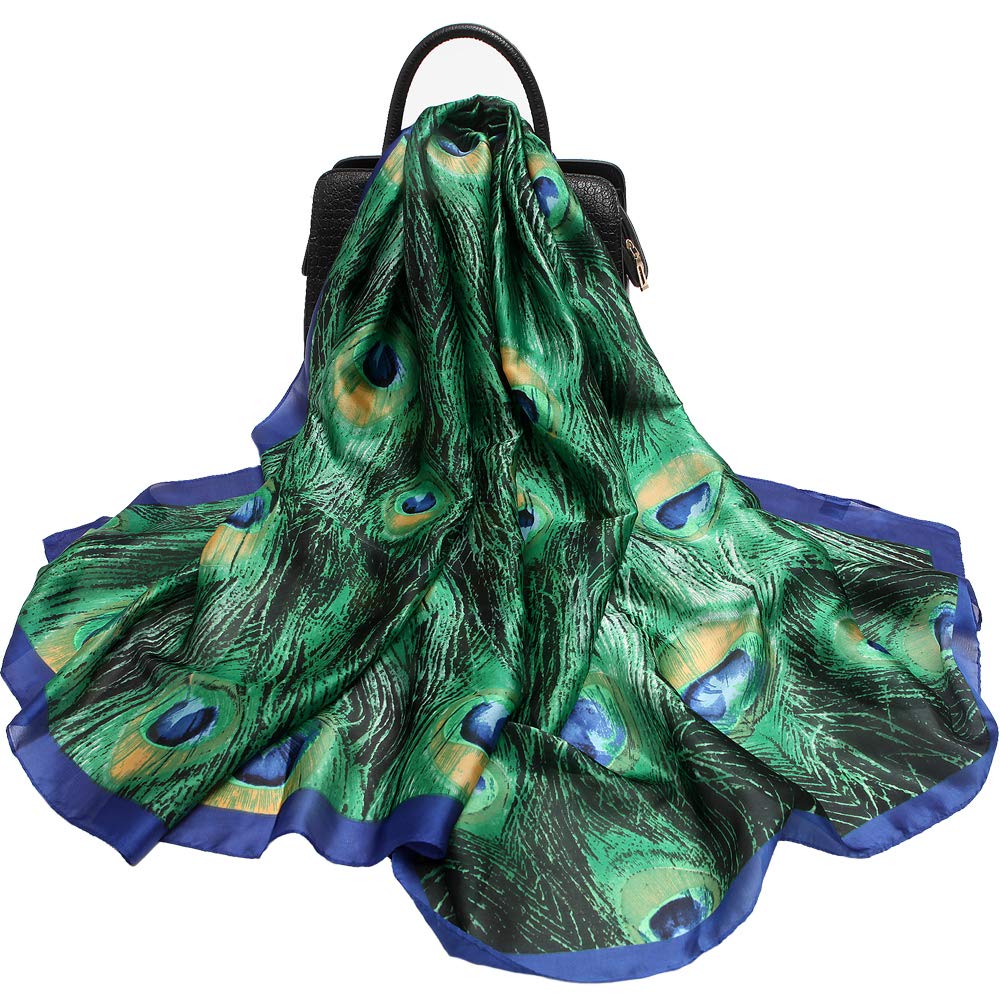 NaSoPerfect Silk Feeling Scarf Large Headscarf Fashion Peacock Pattern Hair Wraps Soft Neck Scarves for Women 70" x 35"