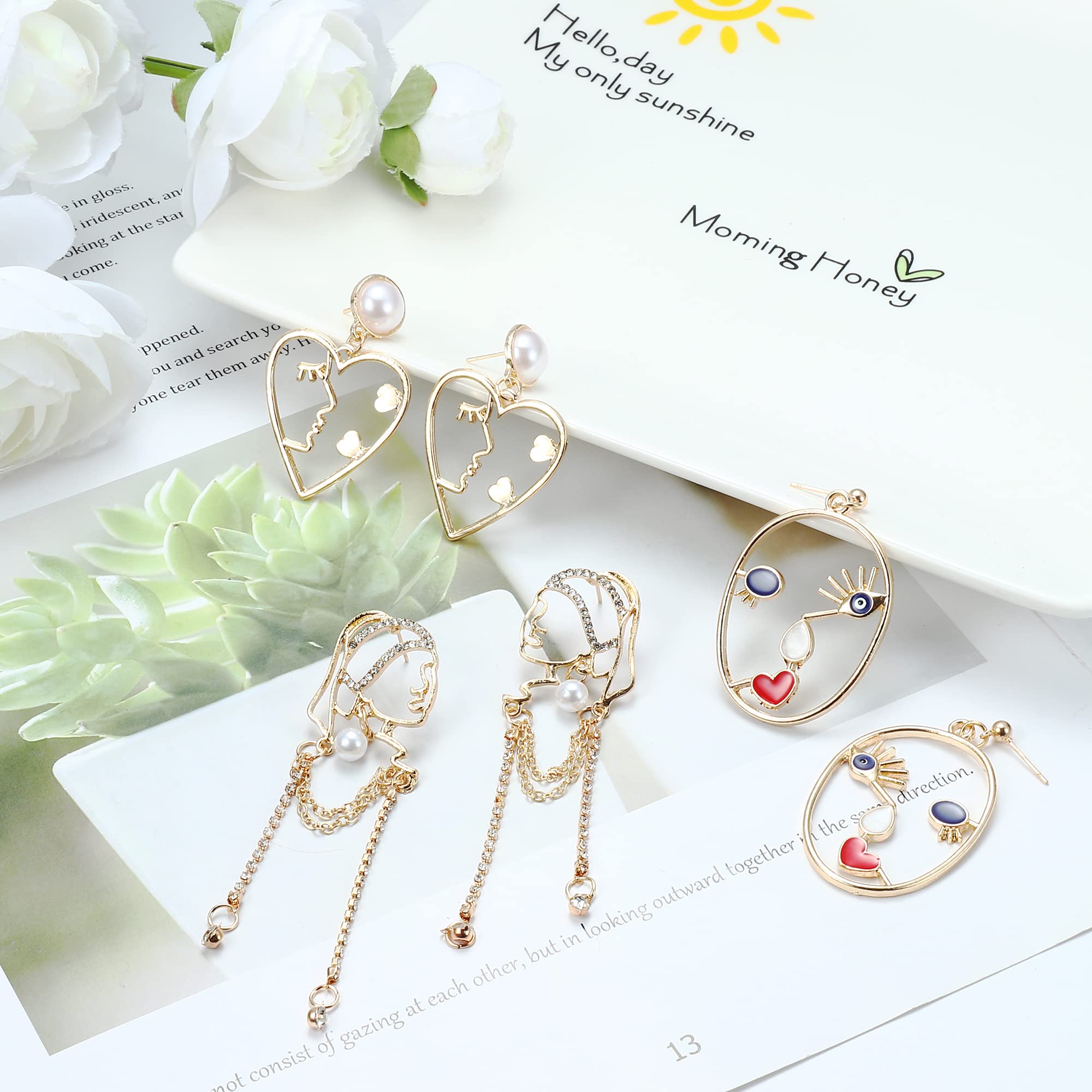 Subiceto 8Pairs Face Earrings for Women Hollow Statement Geometric Fun Abstract Art Earrings Gold Tone