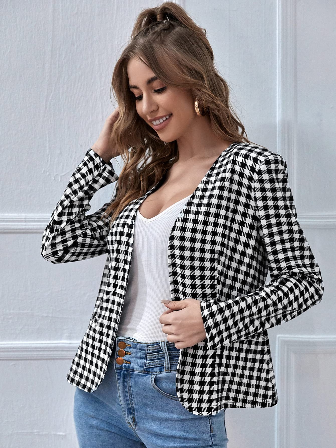Milumia Women Work Casual Blazer with Pockets Open Front Office Suit Jacket Black and White Large