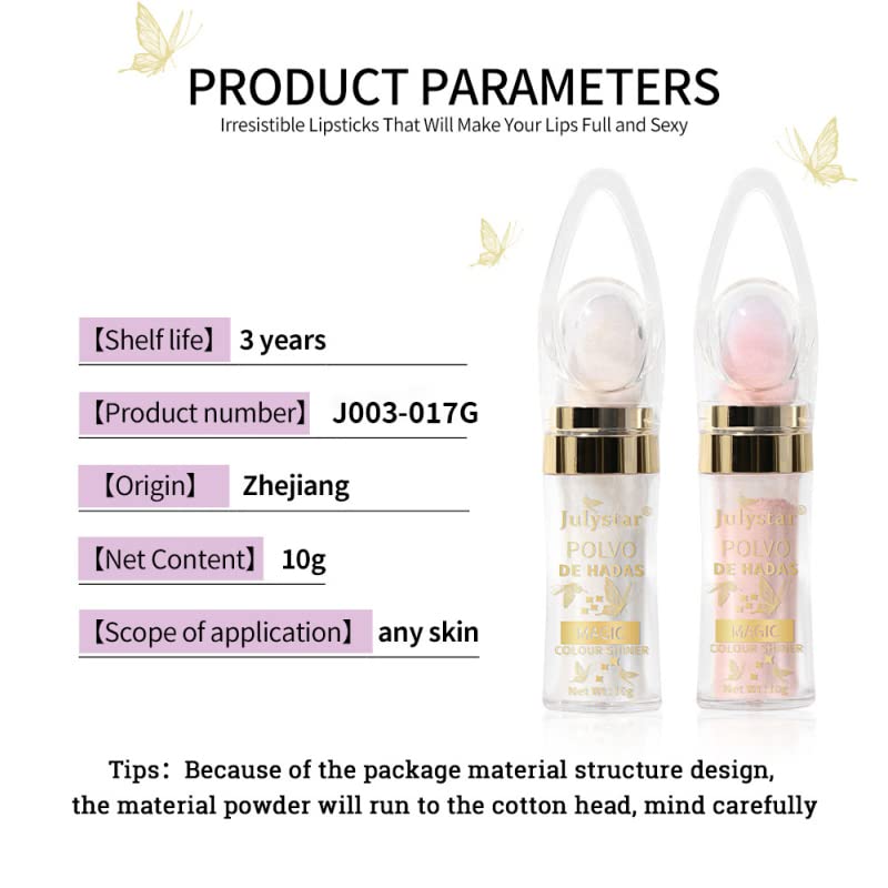 Polvo De Hadas Makeup Powder, Highlighter Powder Stick Body Shimmer Patting Powder Glitter High Gloss Sparkle Loose Brighten Face Body Lips Eyes Glow Cosmetic White Moonbeam (6 Colors Set)