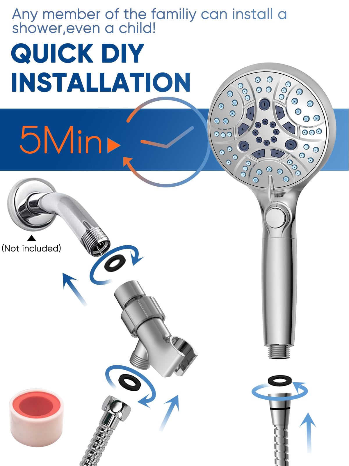 Pavezo High Pressure Handheld Shower Head with Filter, ON/OFF Switch Pause Button, 10-mode Shower Head with Hard Water Softener Filters, SS Hose, Anti-clog & Powerful Clean Tile & Pets, Premium Chrome