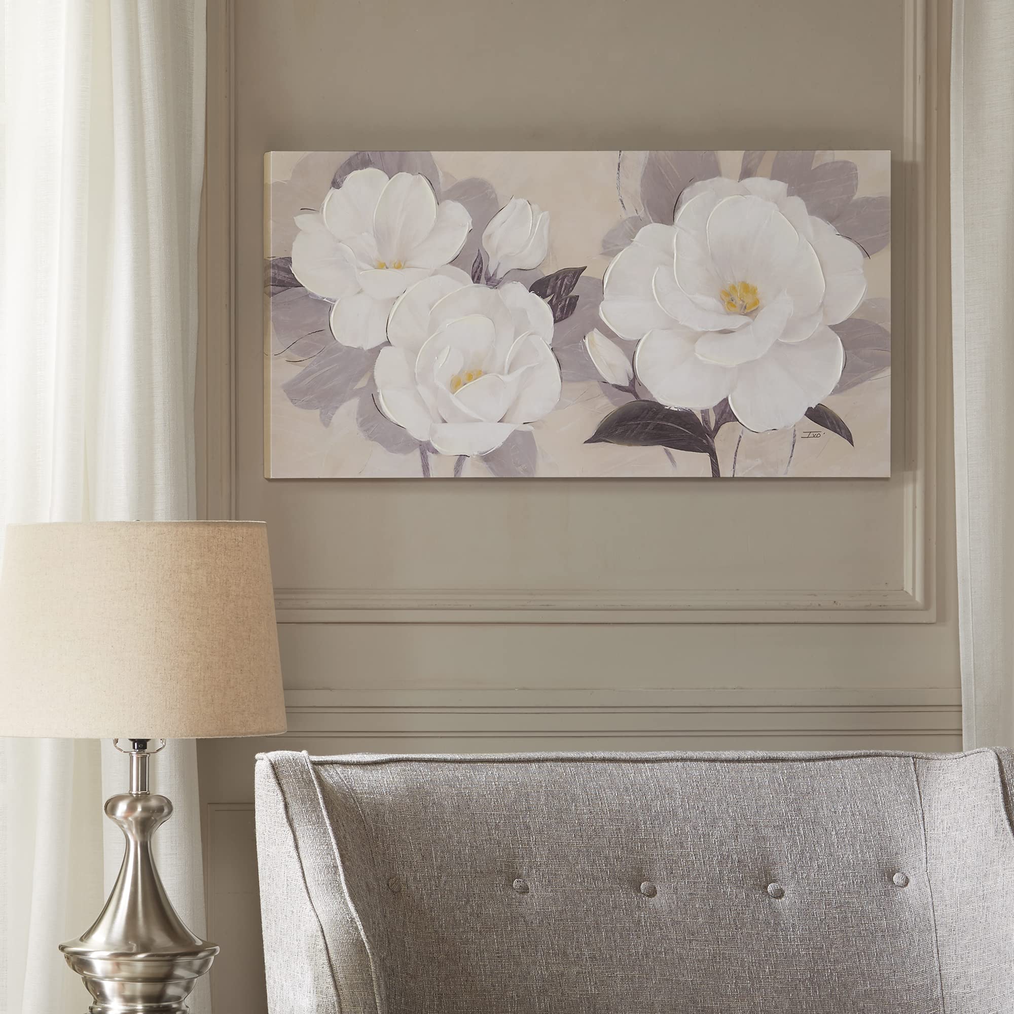 Madison Park, Midday Bloom Florals Wall Art Hand Embellished Oversize Canvas, Modern Floral Design, Global Inspired Painting Living Room Accent Décor, Multi, 39 x 19, White