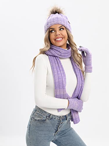 NATUST 3 Pieces Winter Knit Beanie Hat Warm Scarf and Touch Screen Gloves Set Warmer Gloves Set with Fleece Lined Purple
