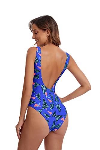 MIAIULIA Women's Retro 80s/90s Inspired High Cut Low Back Padding One Piece Swimwear Bathing Suits 90s Pattern RoyalBlue S