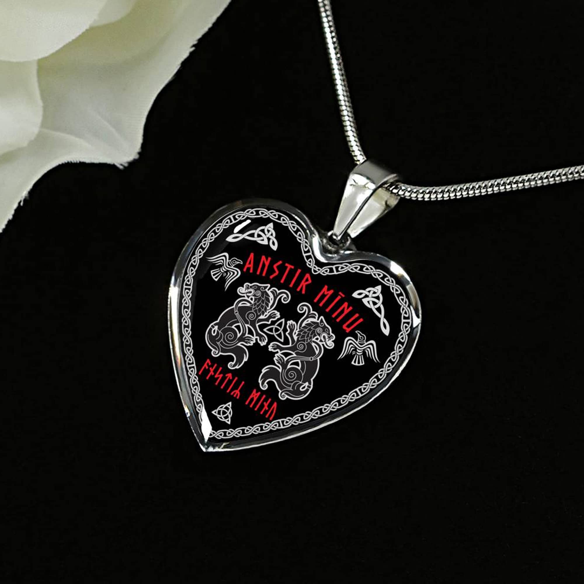My Love Nordic Elder Viking Runes Wolf Necklace Norse Pagan Wolves Pendant Gift (18k Gold Finish + engraving)