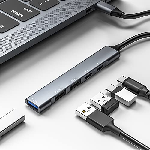 USB C HUB 5in1 Extender for Laptop with USB 3.0 2.0 and USB c 100w pd Data Ultra-Slim hub for PS4 PS5 MacBook / iPad and More, Grey