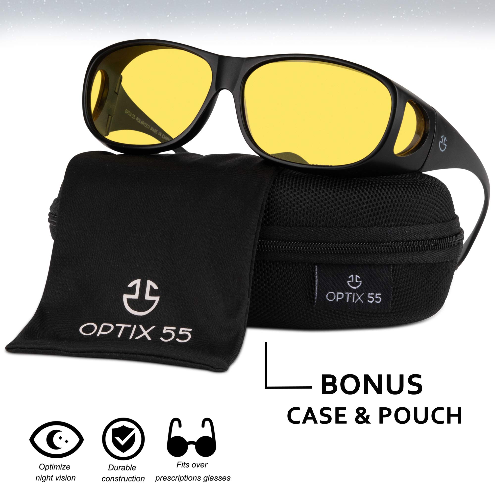 Optix 55 Fit Over HD Day/Night Driving Glasses Wraparound Sunglasses for Men, Women - Anti Glare Polarized Wraparounds (Night Vision/Sunglasses)