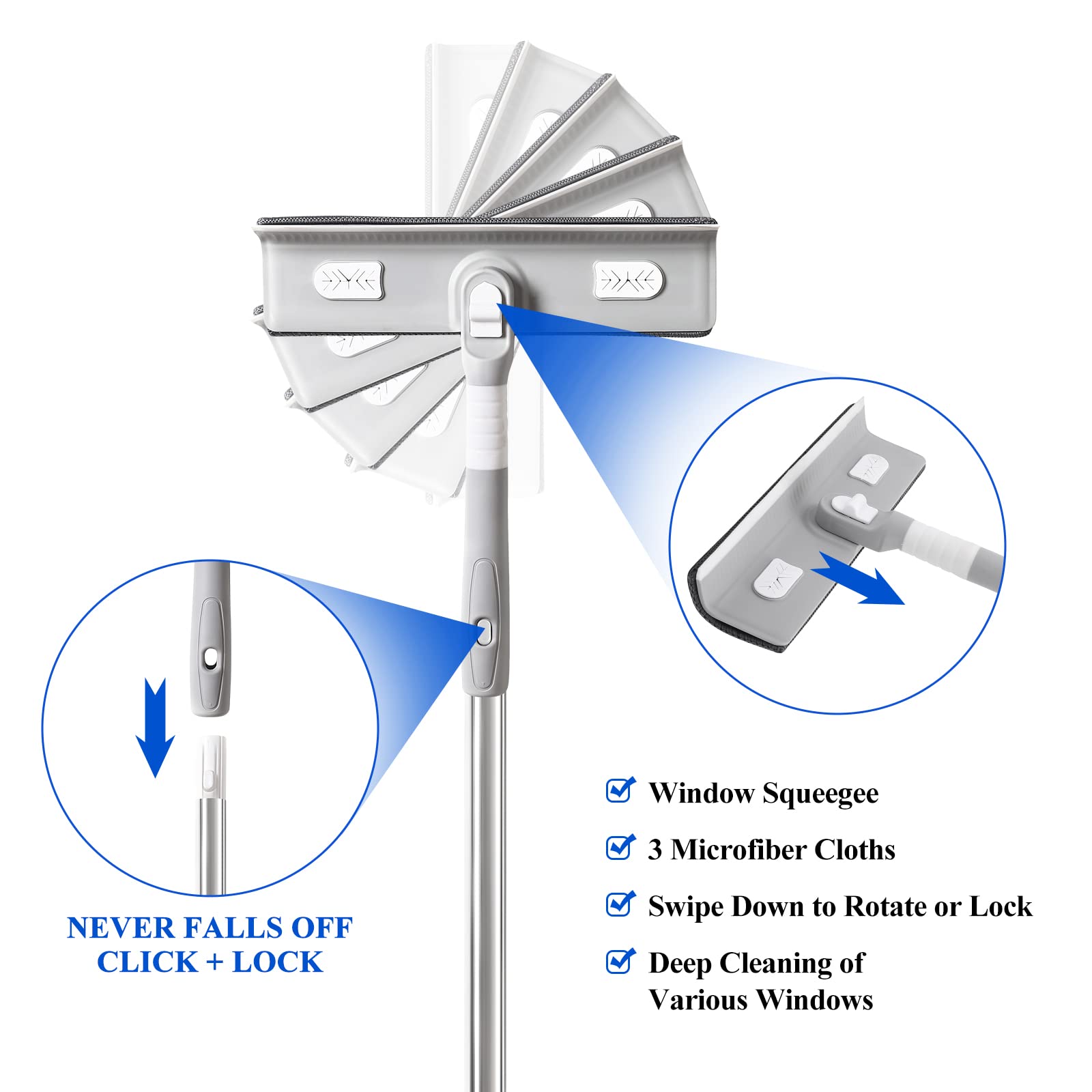 Window Squeegee Cleaner 2 in 1 Rotatable Window Cleaning Tool Kit with Extension Pole, Window Washing Equipment Includes 1 Dusting Attachments, for Indoor/Outdoor Car Glass, High Window Cleaning