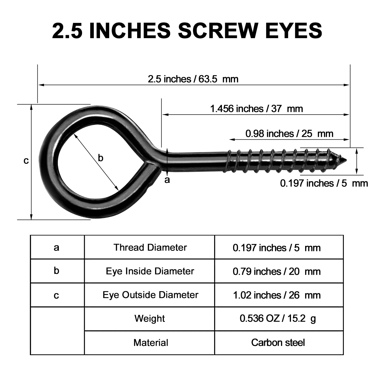 YGAOHF Eye Hooks Screw, 10 PCS 2.5 Inches Stainless Steel Eye Screws, Self Tapping Eyelet Screw Eye Bolts for Wood, Securing Cables Wires, Indoor & Outdoor Use, Black