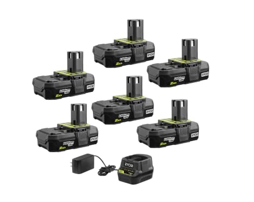 RYOBI P106k ONE+ 18V 2.0 Ah Compact Lithium-Ion Battery 6-Pack with 18V Charger