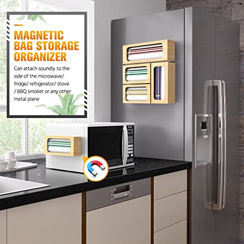 Ziplock Bag Storage Organizer for Kitchen Drawer - Magnetic Food Storage Bag Holders, Bamboo Baggie Organizer, Compatible with Gallon, Slider, Quart, Sandwich, Snack & Variety Size Bag (4-pack)