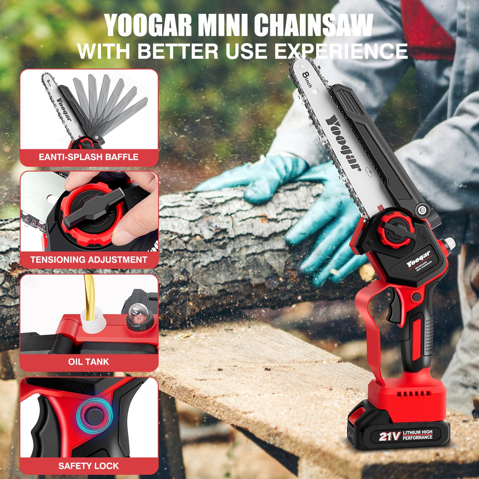 Mini Chainsaw, 8 Inch Cordless Electric Chain Saw, 2000mAh Battery Powered Chainsaw with 2 BATTERIES & 2 CHAINS, Portable One-Hand ChainSaw Pruning Tree Branches for Courtyard,Household&Garden