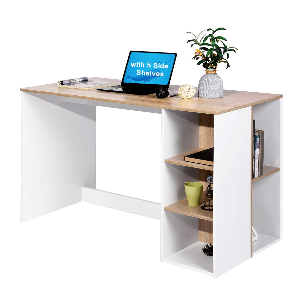 Office Computer Desk 47.2 Inch ps5 Gaming Desk with Drawers Kids Study Writing Desk Organizers with 5 Shelves Students Laptop Table Home Wood Workspace Conference Room Tables, Oak White