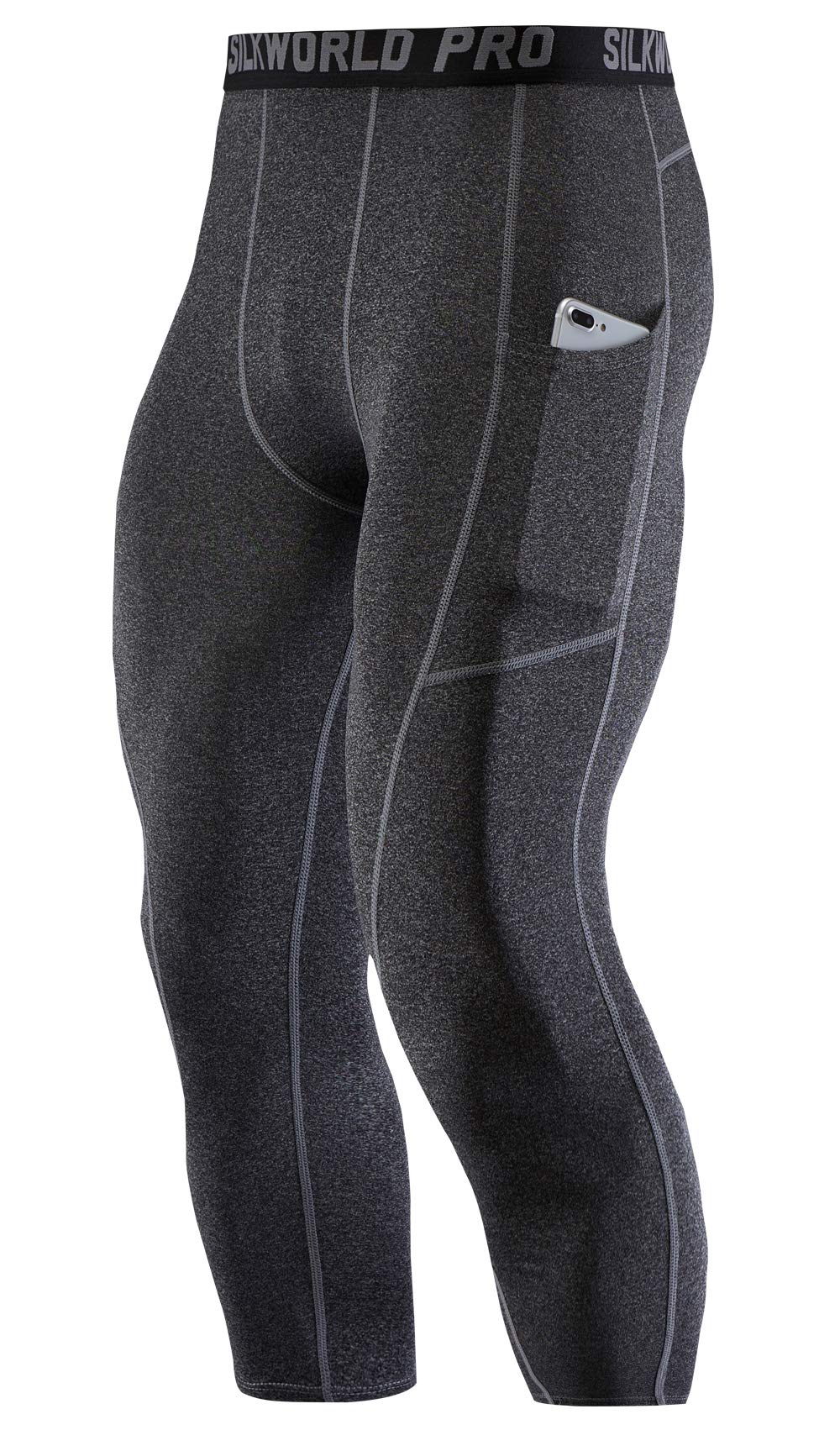 SILKWORLD Men's Compression Pants Lengging Cool Dry Athletic Base Layer Workout Tights with Pockets,835_Capri_Hemp Grey(Pockets),Small
