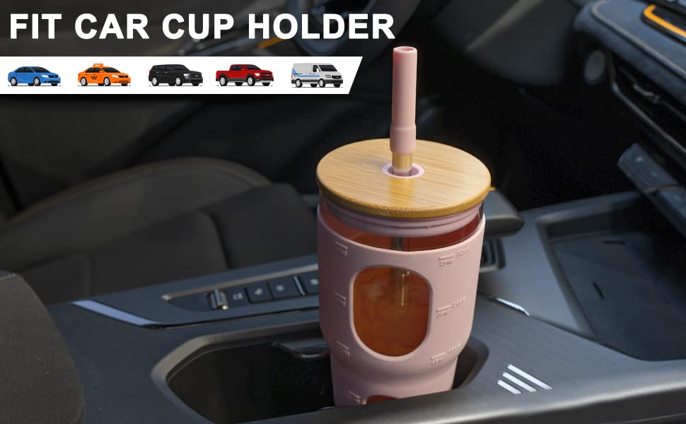 Tronco 32 oz Glass Tumbler with Straw and Lid - Reusable Drinking Glass Cup with Time Marker, Silicone Sleeve - Ideal for Boba, Smoothies, Tea and Iced Coffee Fits Cup Holder- BPA Free,Pink