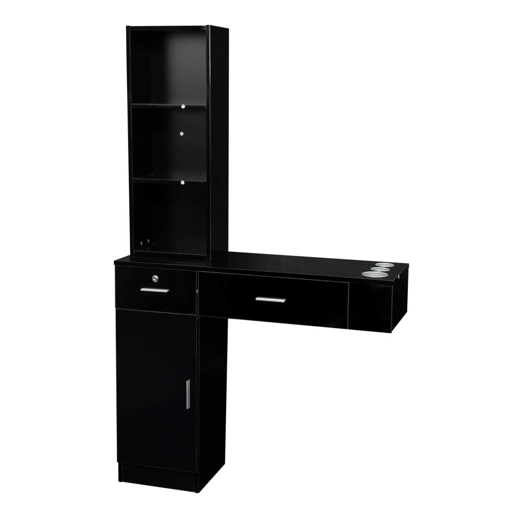 mefeir Wall Mount Hair Styling Barber Station Beauty Hair Salon Spa Equipment Set with 3 Tier Shelf, Lockable Drawer & Cabinet, Easy Assembled (Black)